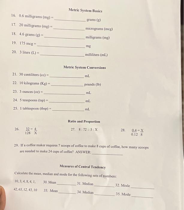 Solved Metric System Basics 16. 0.6 milligrams (mg) grams | Chegg.com