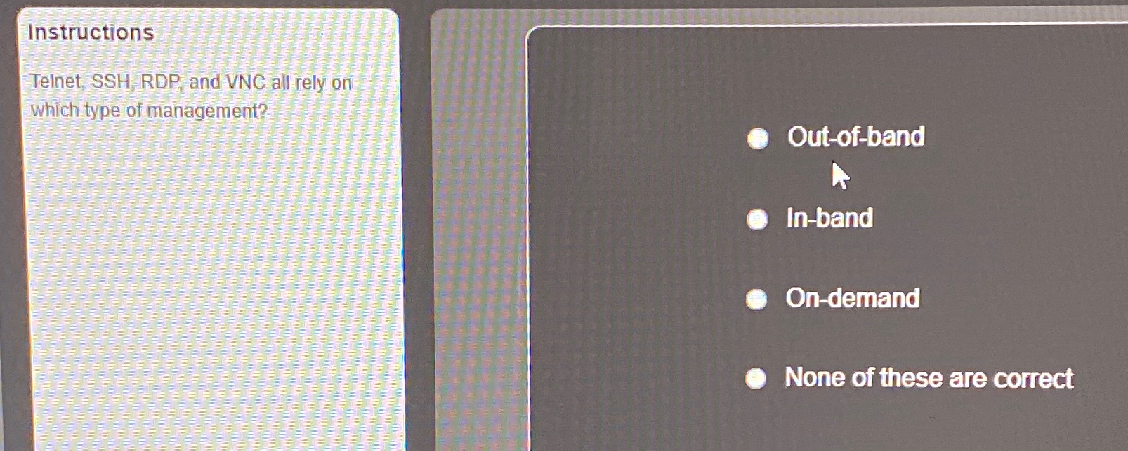 Solved InstructionsTelnet, SSH, ﻿RDP, ﻿and VNC all rely on | Chegg.com
