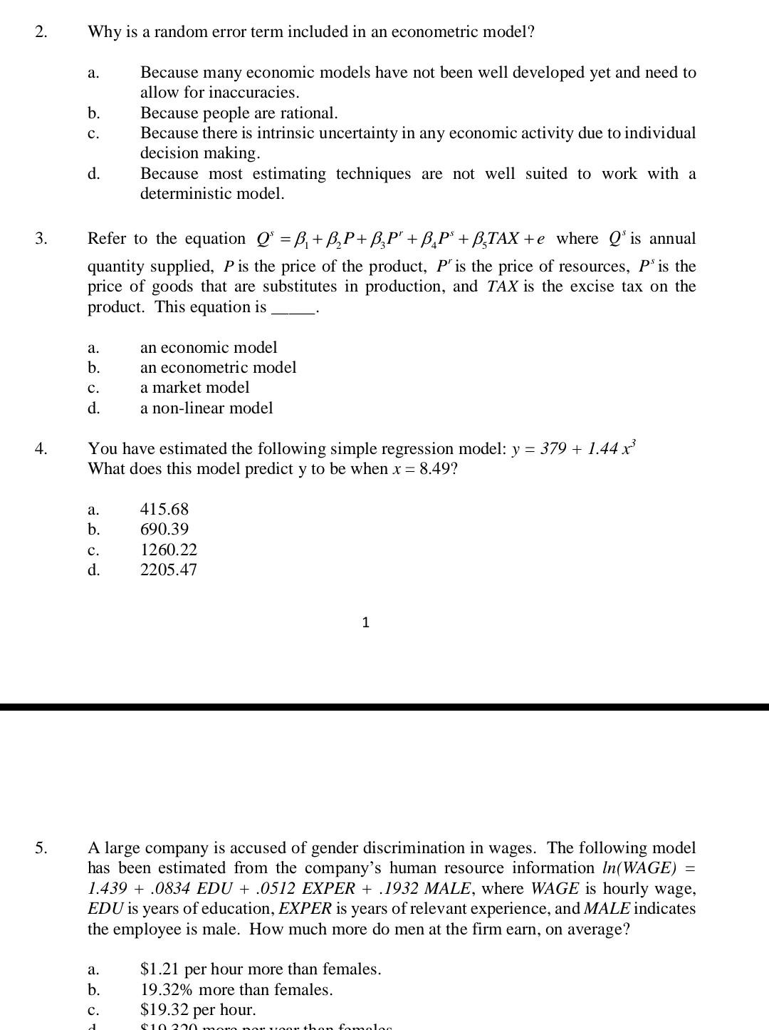 Solved 2 Why Is A Random Error Term Included In An 4220