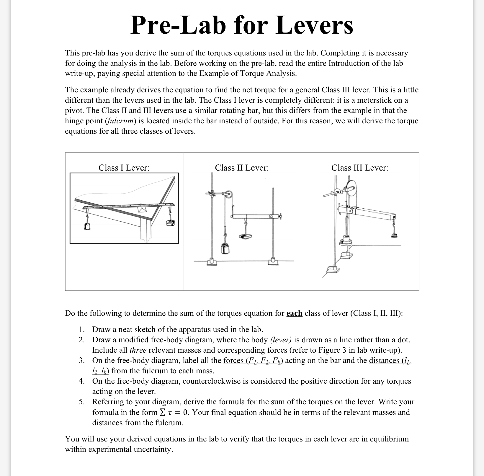 Solved Pre-Lab for LeversThis pre-lab has you derive the sum | Chegg.com
