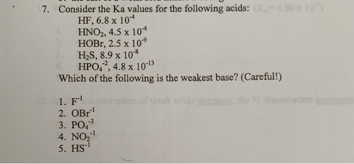 Solved 7. Consider the Ka values for the following acids: | Chegg.com