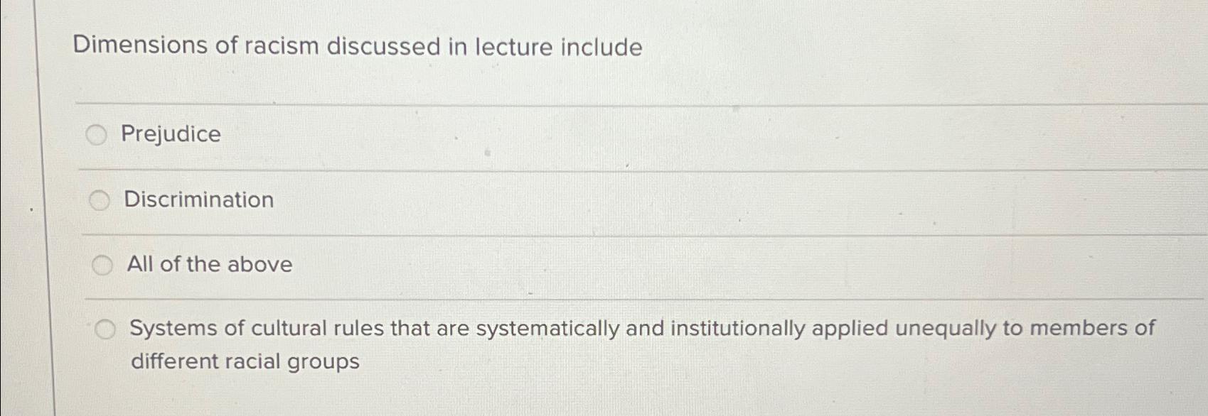 Solved Dimensions of racism discussed in lecture | Chegg.com
