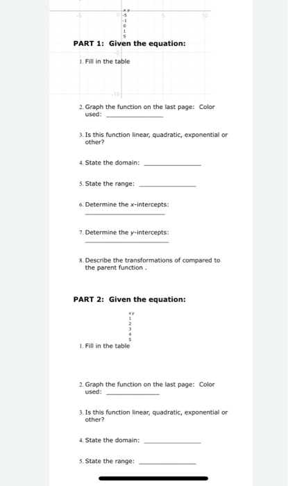 Solved PART 1: Given the equation: 1. Fill in the table 2. | Chegg.com