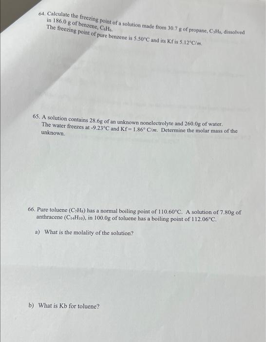 [Solved]: 64. Calculate the freezing point of a solution ma