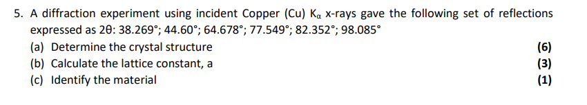 Solved A diffraction experiment using incident Copper | Chegg.com