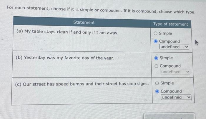 Solved For each statement, choose if it is simple or | Chegg.com