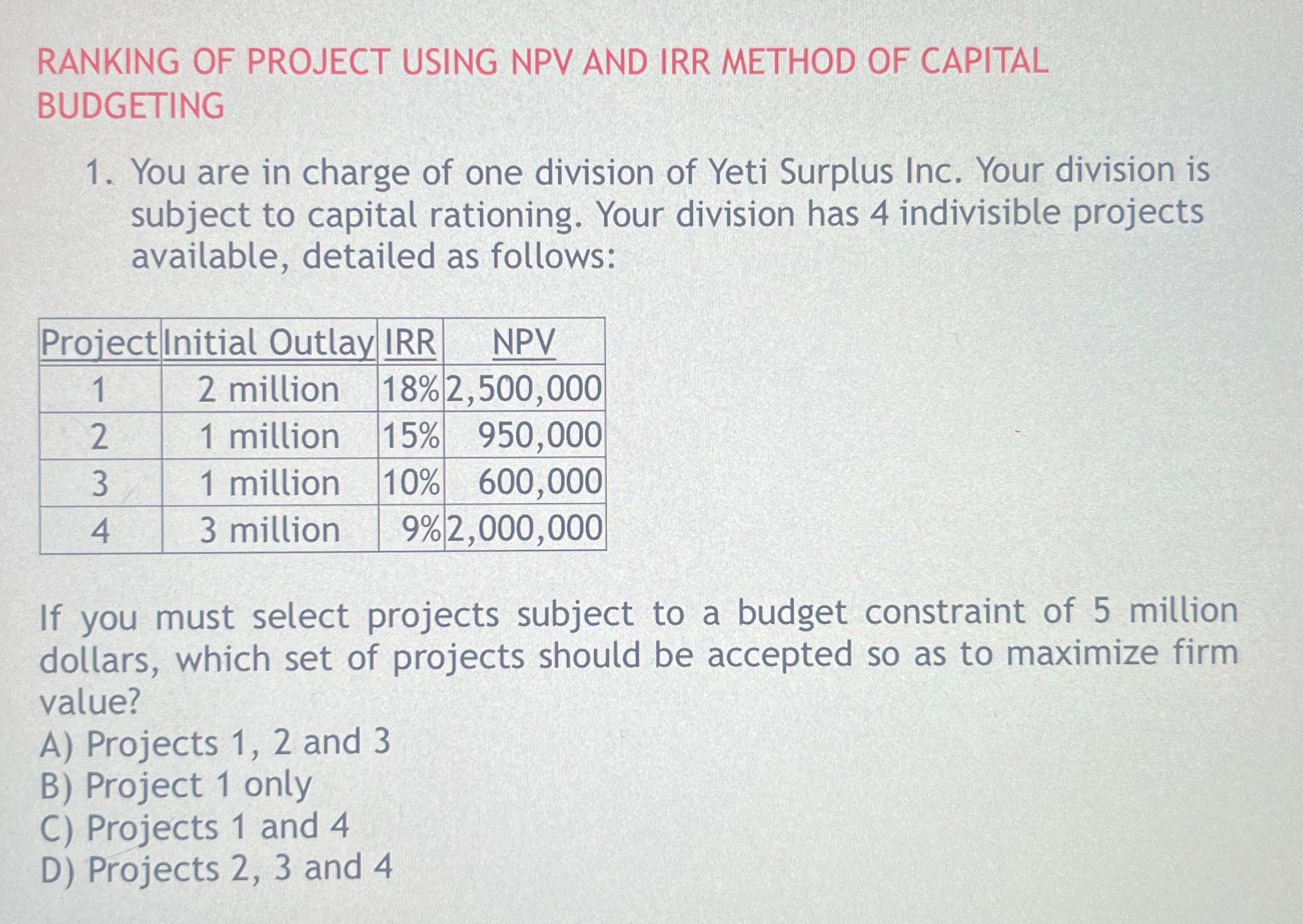 Solved RANKING OF PROJECT USING NPV AND IRR METHOD OF | Chegg.com