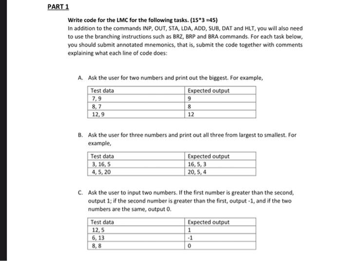 Solved PART 1 Write code for the LMC for the following | Chegg.com