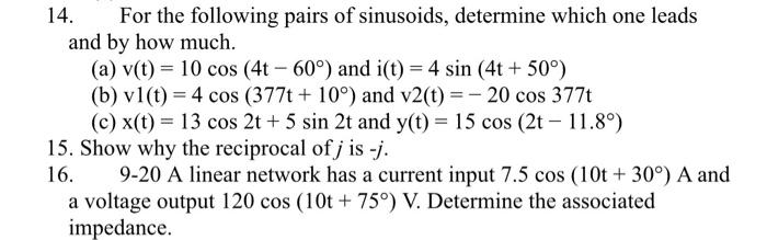 Solved 14. For the following pairs of sinusoids, determine | Chegg.com