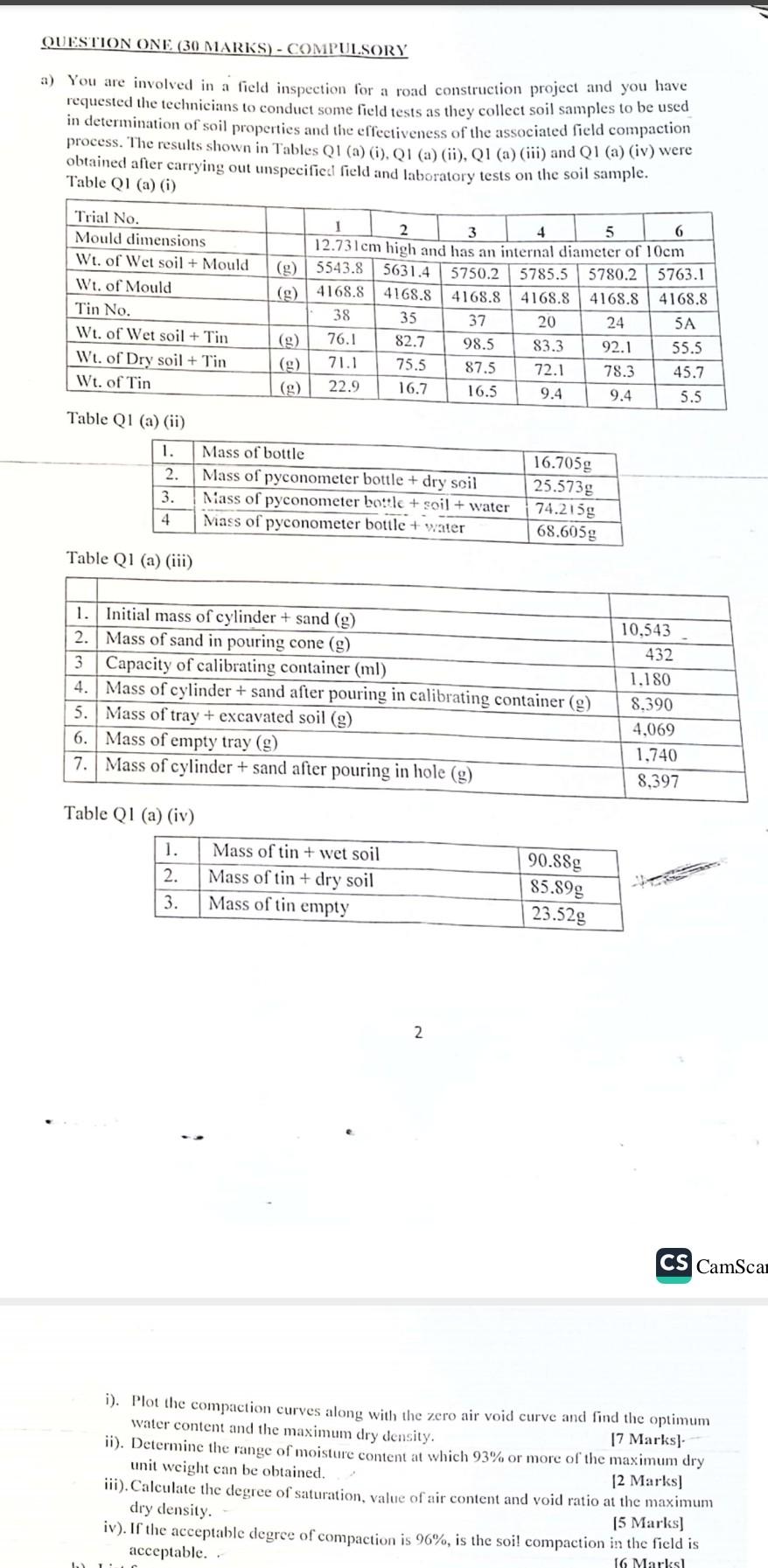 Solved a) You are involved in a field inspection for a road | Chegg.com