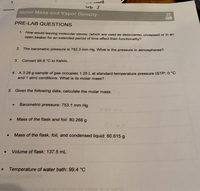 Solved - nol lab 3 Molar Mass and Vapor Density PRE-LAB | Chegg.com