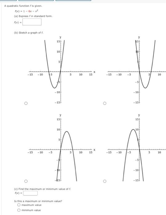 Solved A quadratic function f is given. f(x)=1−6x−x2 (a) | Chegg.com