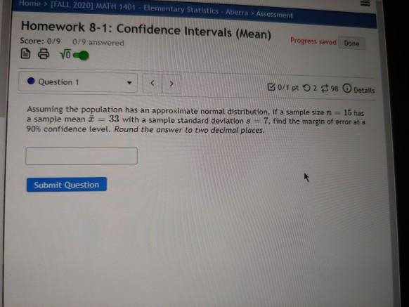 Solved Home > [FALL 2020] MATH 1401 - Elementary Statistics | Chegg.com