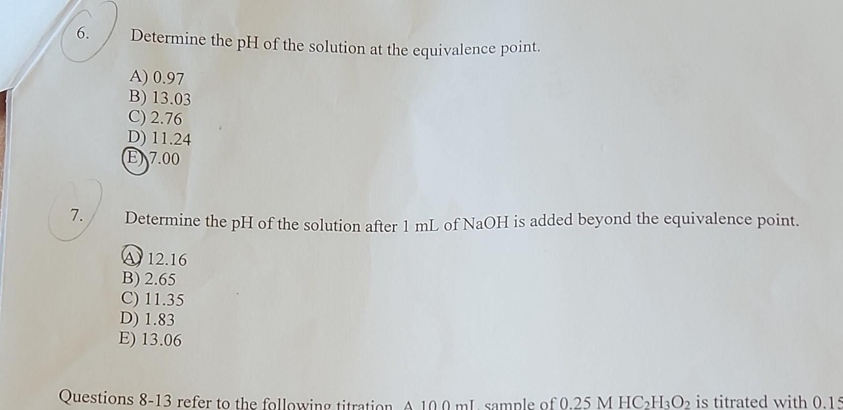 Solved Questions 2-7 refer to the following titration. A | Chegg.com