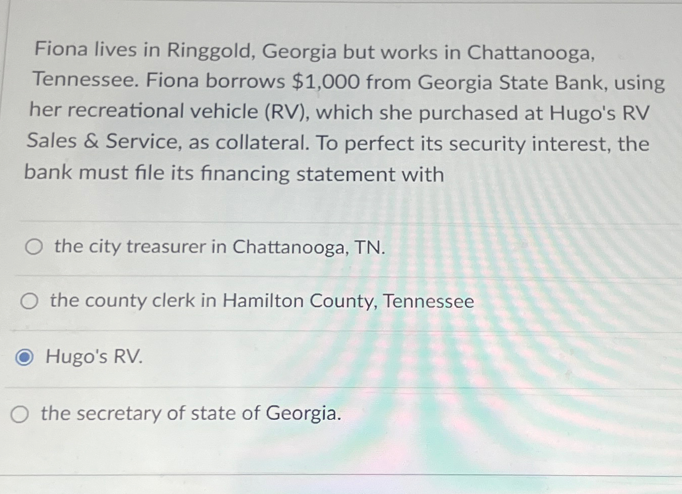 Solved Fiona lives in Ringgold, Georgia but works in | Chegg.com