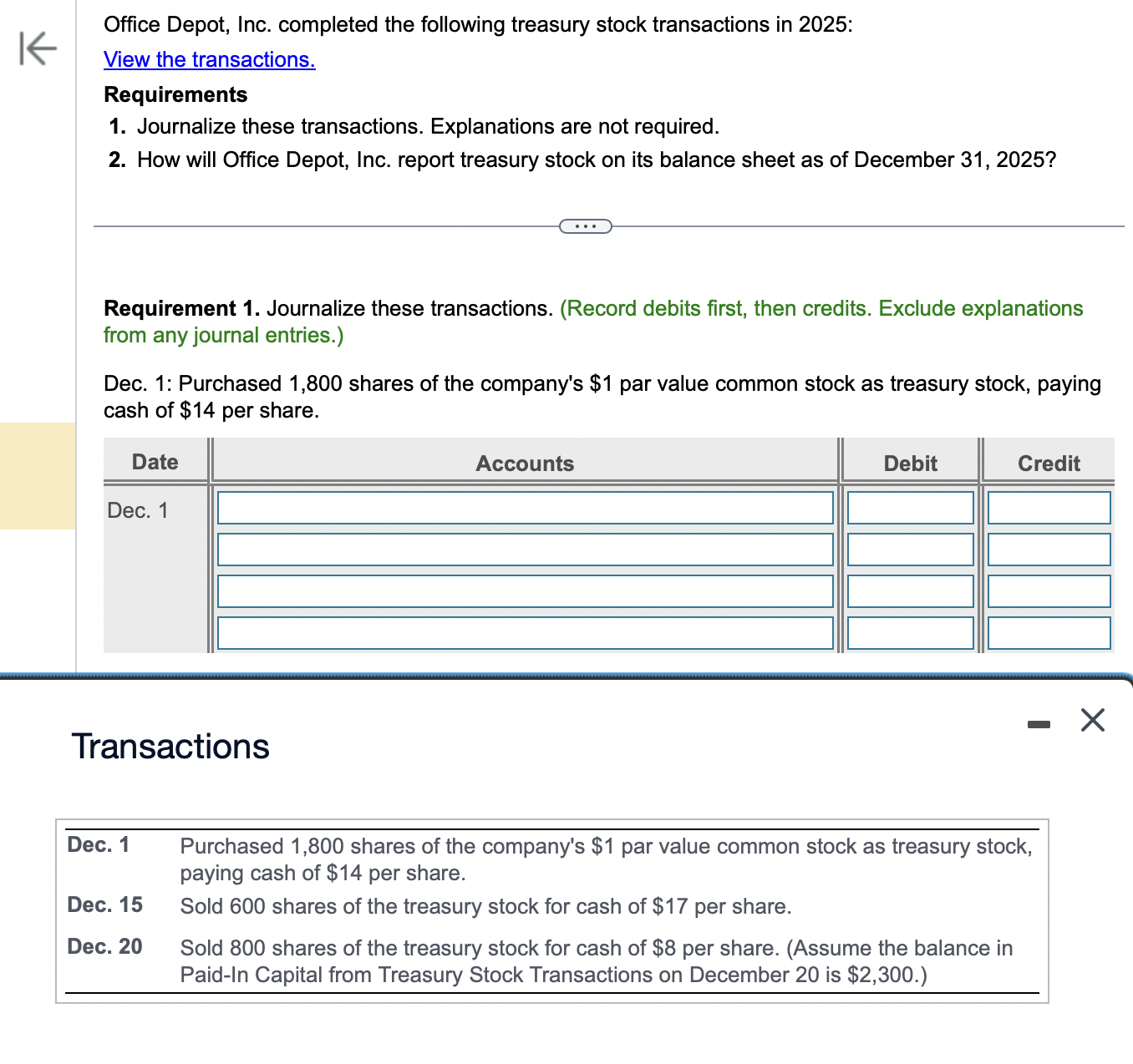 Solved TransactionsDec. 1 ﻿Purchased 1,800 ﻿shares of the | Chegg.com