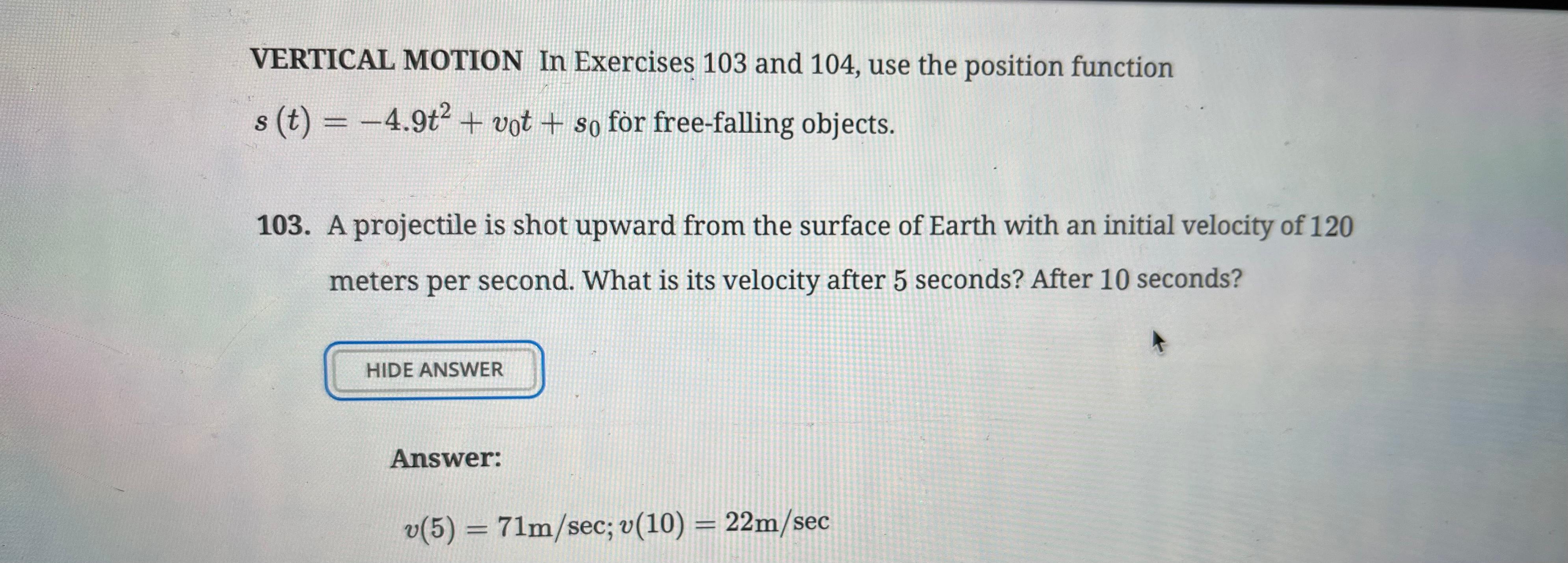 Solved VERTICAL MOTION In Exercises 103 ﻿and 104, ﻿use the | Chegg.com