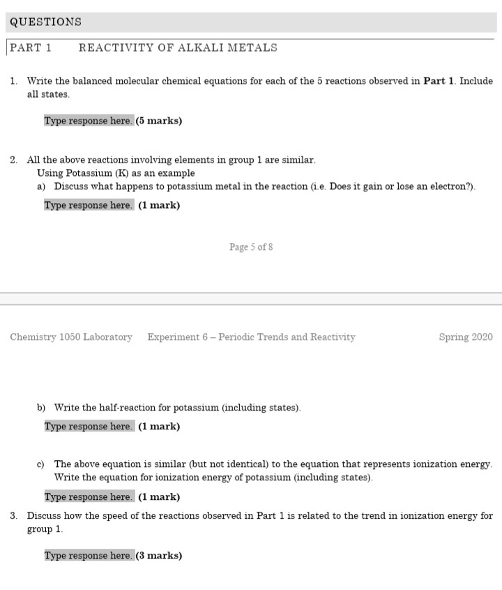 Solved PART 1 REACTIVITY OF ALKALI METALS Table 1 (14 marks) | Chegg.com