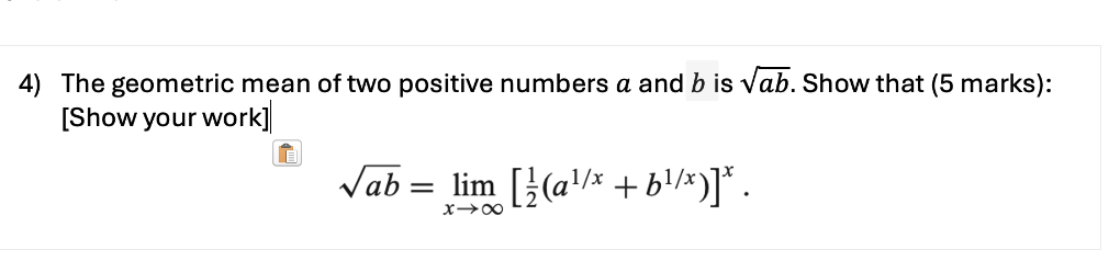 Solved The geometric mean of two positive numbers a and b | Chegg.com