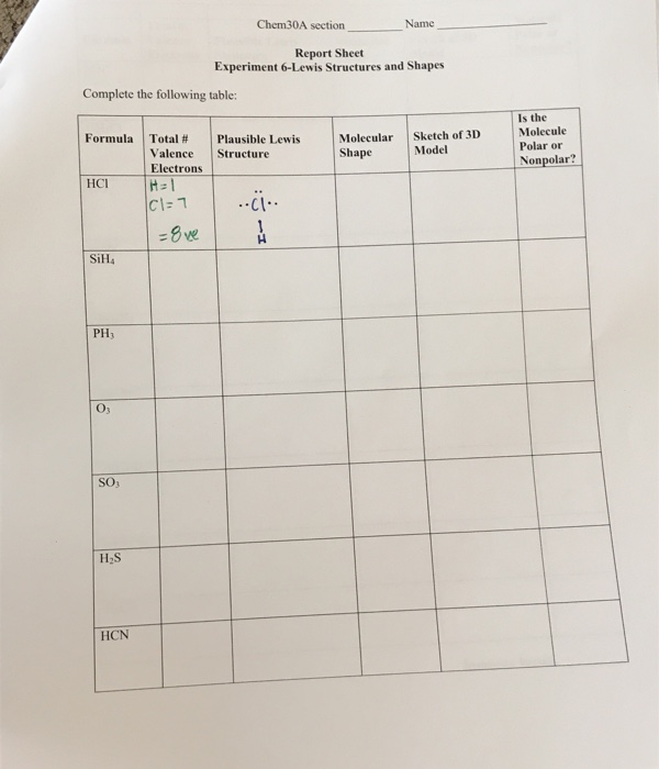 Solved Chem30A section Name Report Sheet Experiment 6-Lewis | Chegg.com