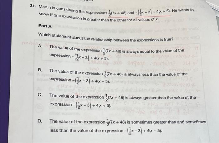 Solved 31. Martin is considering the expressions 21(7x+48) | Chegg.com