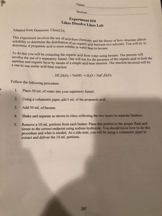 Solved Name: Section: Experiment #10 Likes Dissolve Likes | Chegg.com