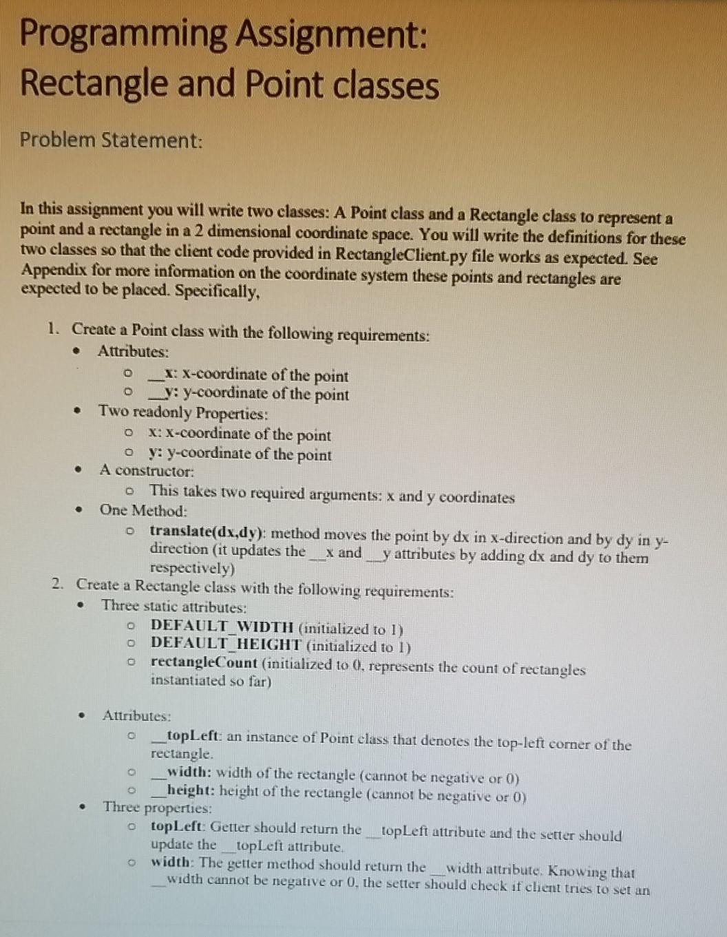 Solved Programming Assignment: Rectangle and Point classes | Chegg.com