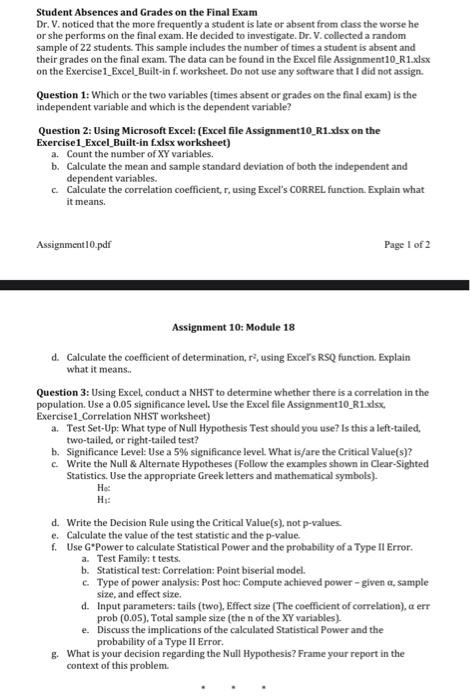 Solved Student Absences and Grades on the Final Exam Dr. V. | Chegg.com