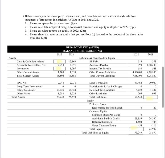 Solved 7. Below shows you the incomplete balance sheet, and | Chegg.com