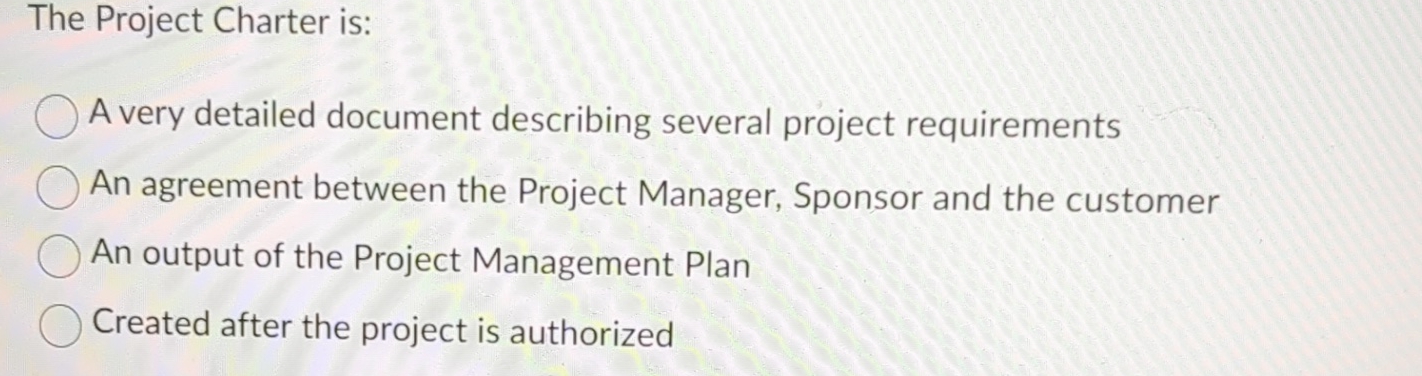 Solved The Project Charter is:A very detailed document | Chegg.com