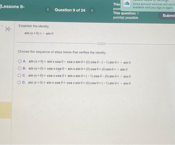 Solved Establish the identity. sin(π+θ)=−sinθ Choose the | Chegg.com