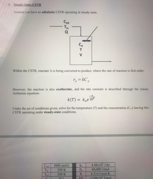 Solved 3. Steady-State CSTR Assume you have an adiabatic | Chegg.com