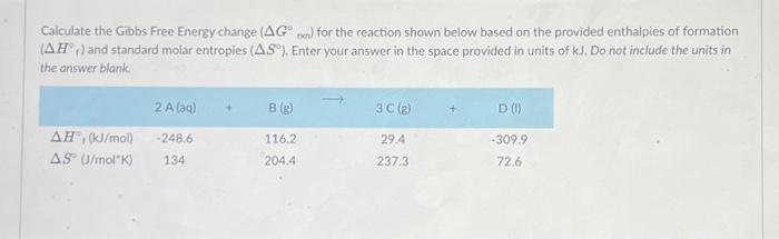 Solved Calculate the Gibbs Free Energy change (AG° rxn) for | Chegg.com