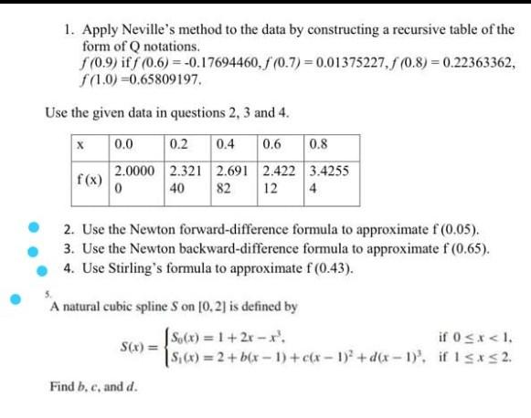 Solved 1. Apply Neville's method to the data by constructing | Chegg.com
