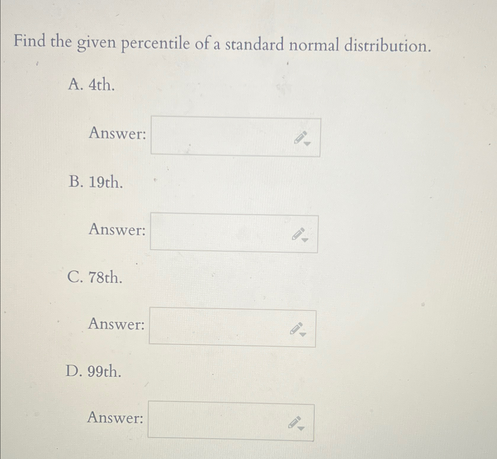 Solved Find the given percentile of a standard normal | Chegg.com