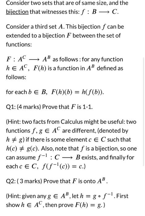 Solved Consider two sets that are of same size, and the | Chegg.com