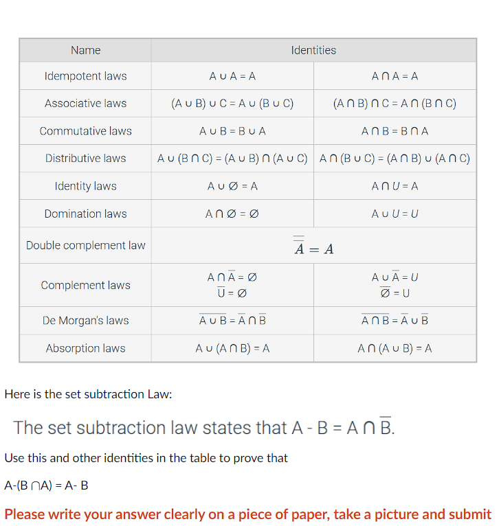 Solved Here is the set subtraction Law:The set subtraction | Chegg.com