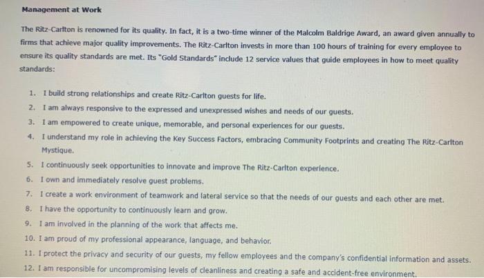 Management at Work The Ritz-Carlton is renowned for | Chegg.com