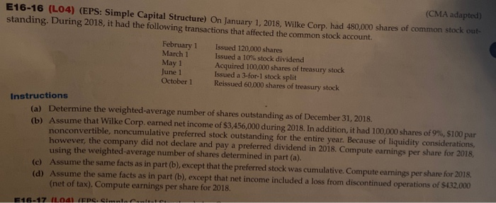 Solved E16-16 (L04) (EPS: Simple Capital Structure) On | Chegg.com