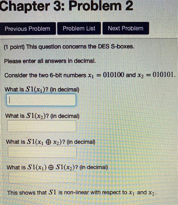 Solved (1 point) This question concerns the DES S-boxes. | Chegg.com