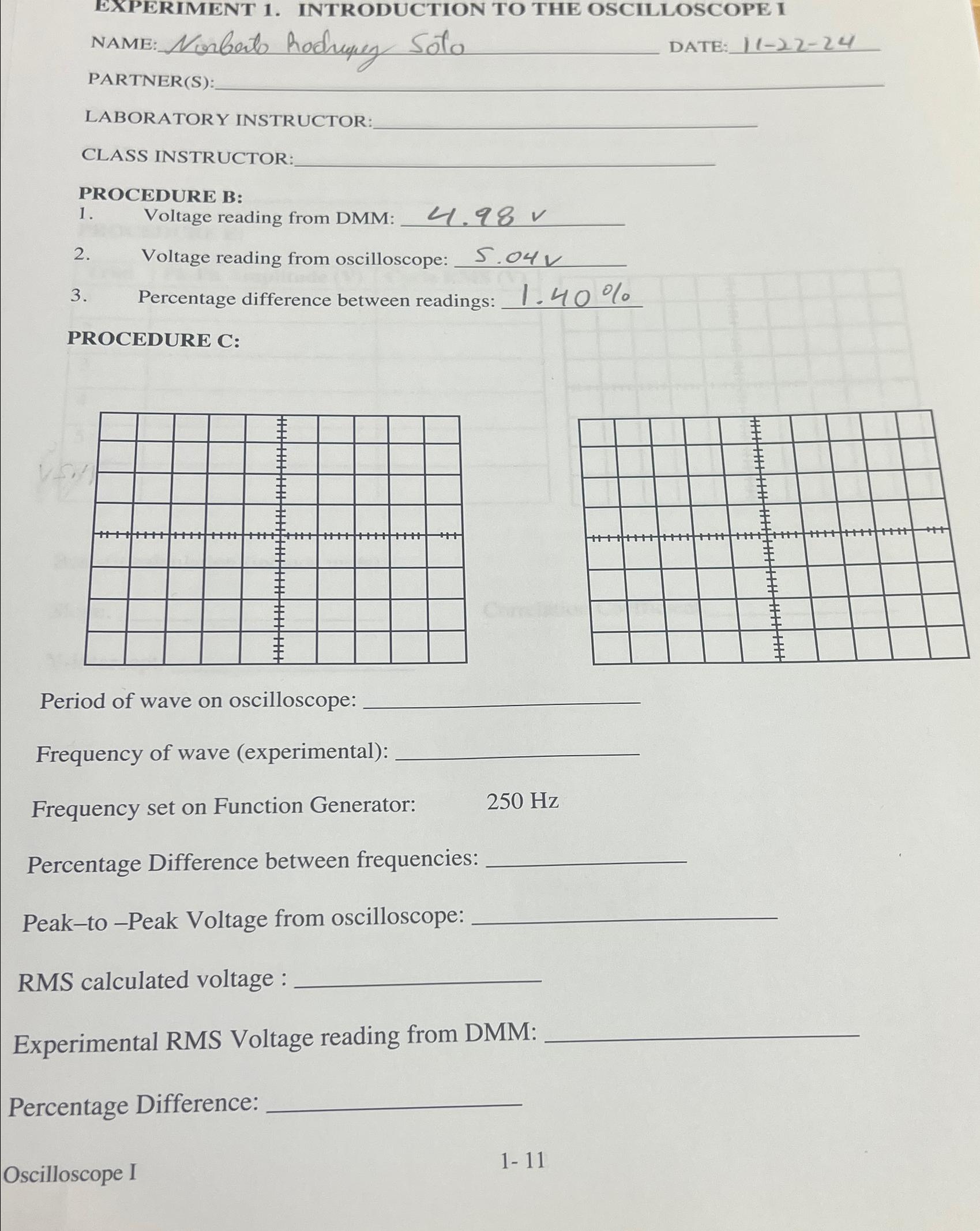 Solved PERIMENT 1. INTRODUCTION TO THE OSCILLOSCOPE | Chegg.com