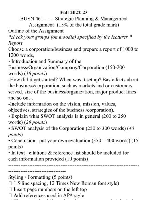Solved Fall 2022-23 BUSN 461 -....- Strategic Planning \& | Chegg.com