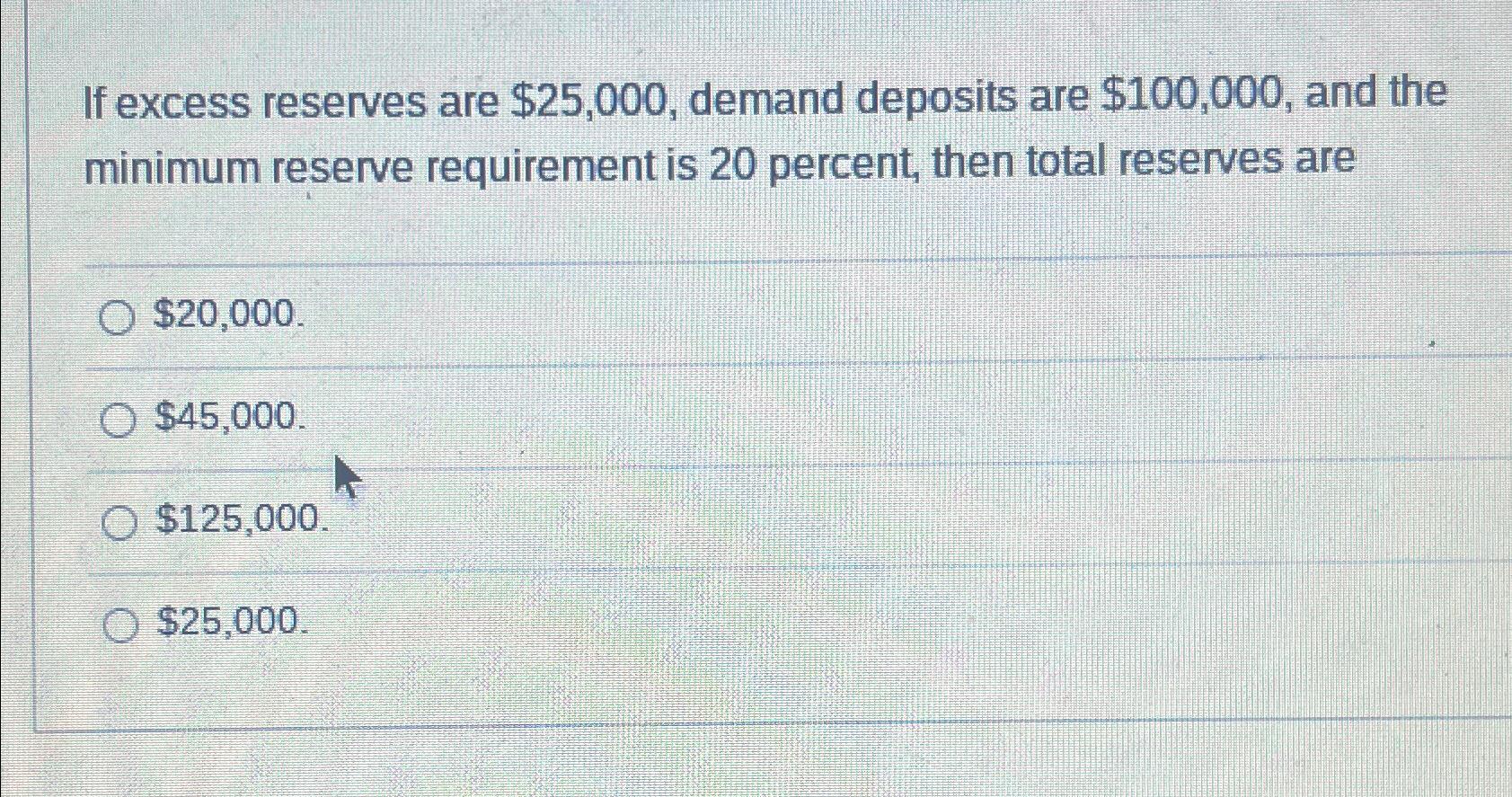 Solved If excess reserves are $25,000, ﻿demand deposits are | Chegg.com