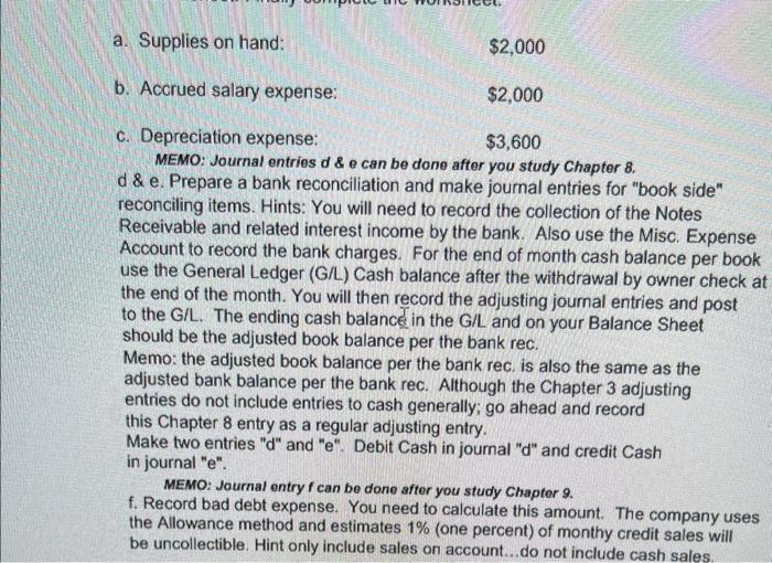 Solved Memo Journal Entries Dand E Can Be Done After You