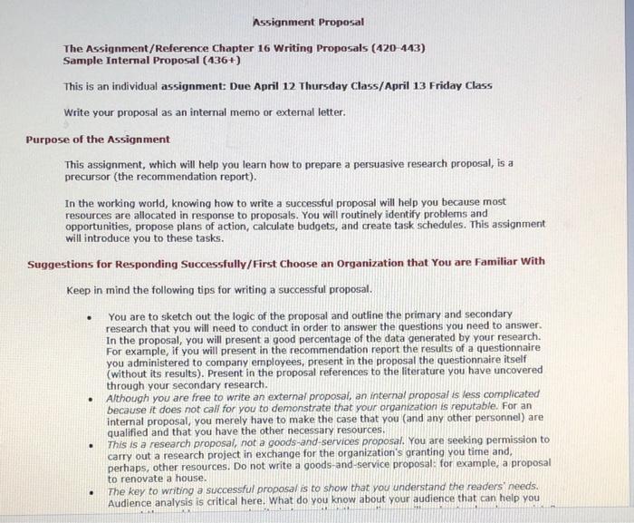 Assignment Proposal The Assignment/Reference Chapter | Chegg.com