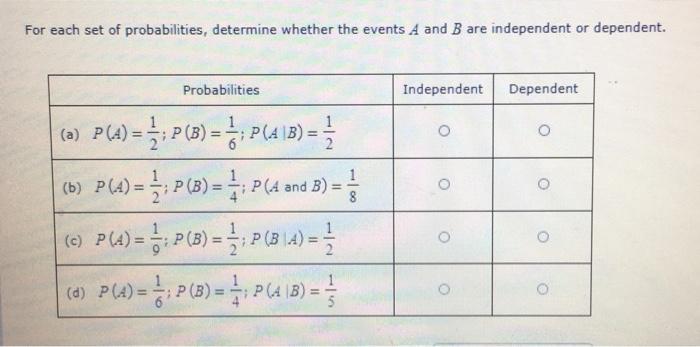 Solved For each set of probabilities, determine whether the | Chegg.com