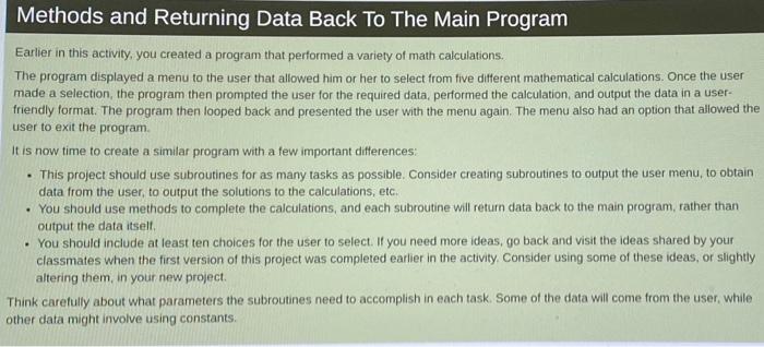 Solved Methods and Returning Data Back To The Main Program | Chegg.com