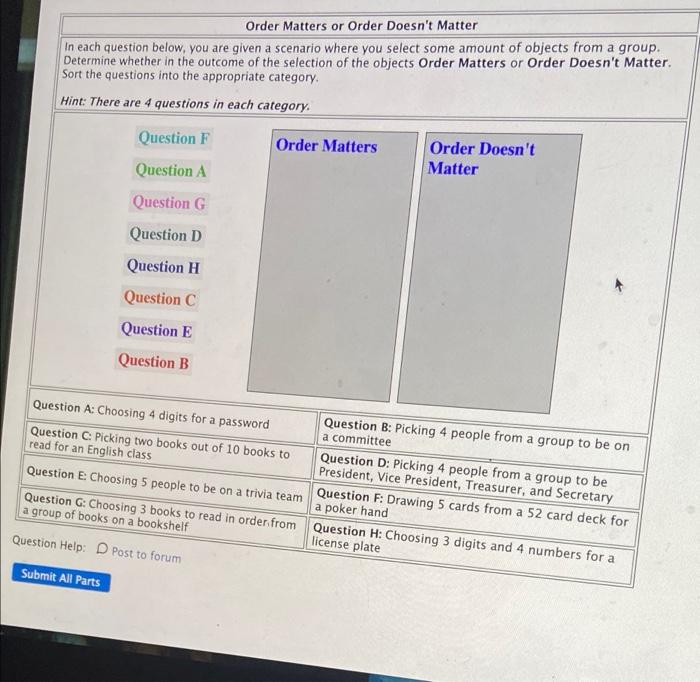 Solved Order Matters or Order Doesn't Matter In each | Chegg.com