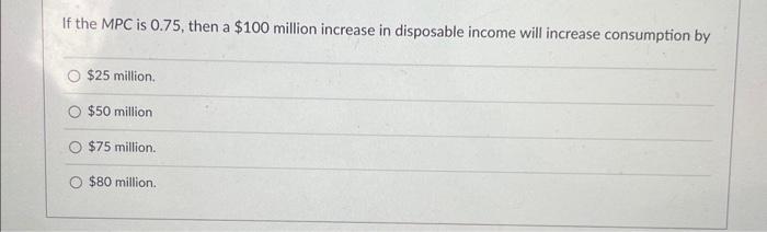 Solved If the MPC is 0.75 , then a $100 million increase in | Chegg.com
