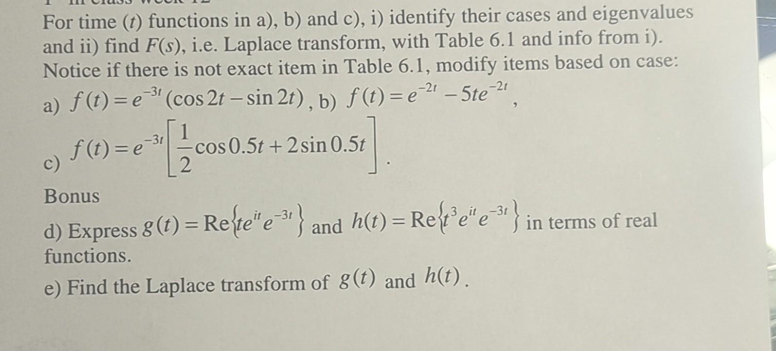 Solved For time (t) functions in a), b) and c), i) identify | Chegg.com